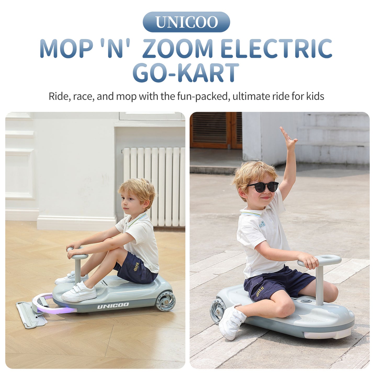 UNICOO® Mop-N-Zoom Go Kart for Kids, 12V Electric Go Cart w/Floor Clea
