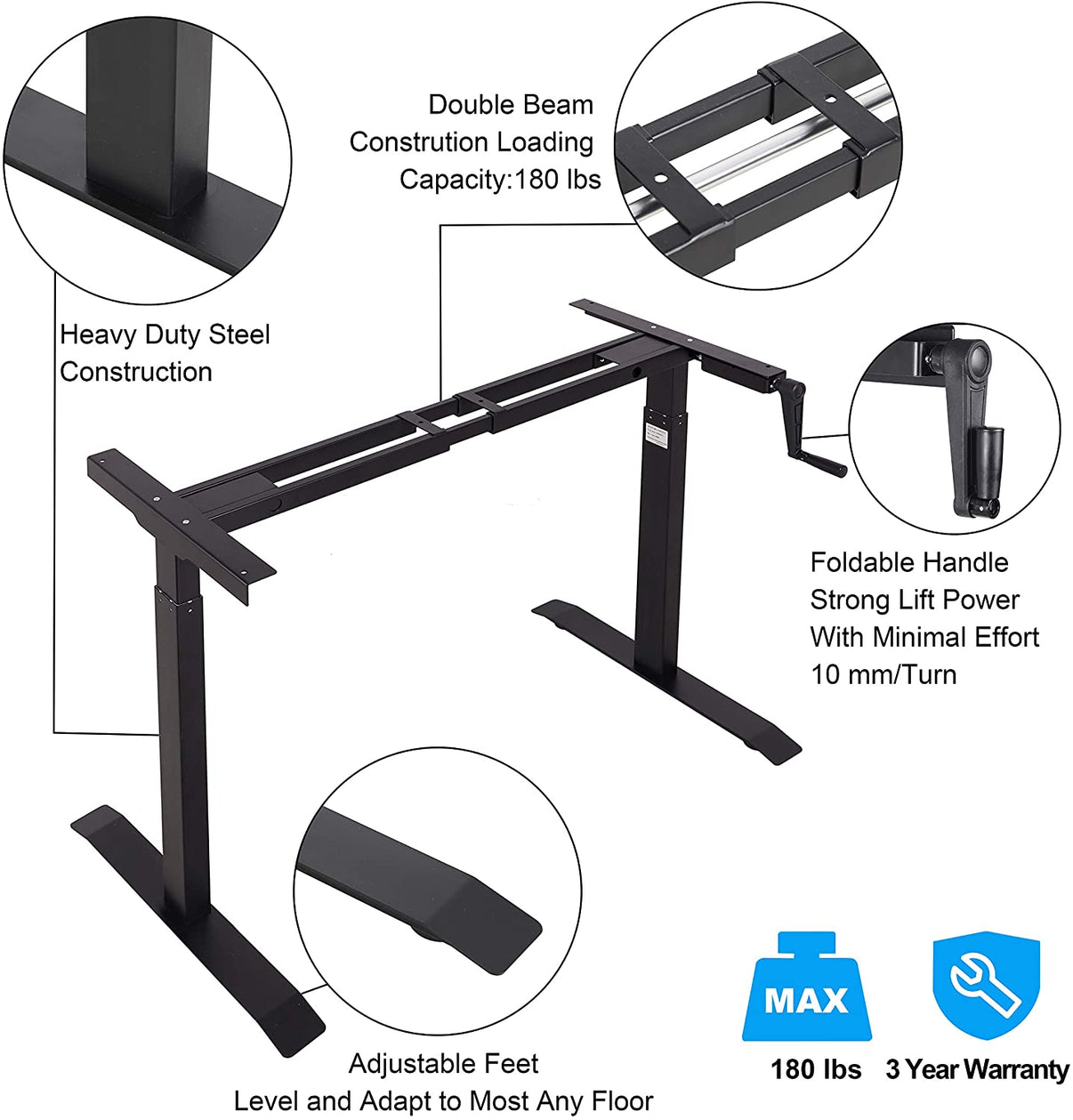 UNICOO – Premium Quality Crank Stand Up Desk Frame with Double Beam He